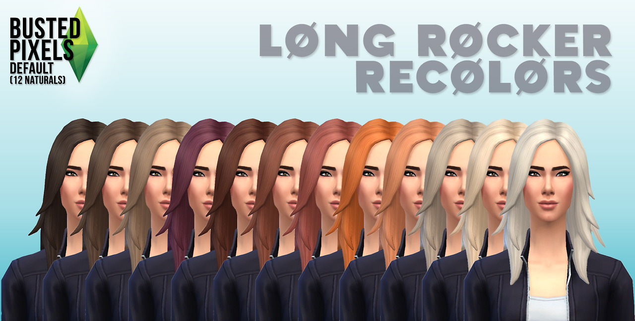 Busted Pixels: Long rocker hairstyle 12 colors - Sims 4 Hairs